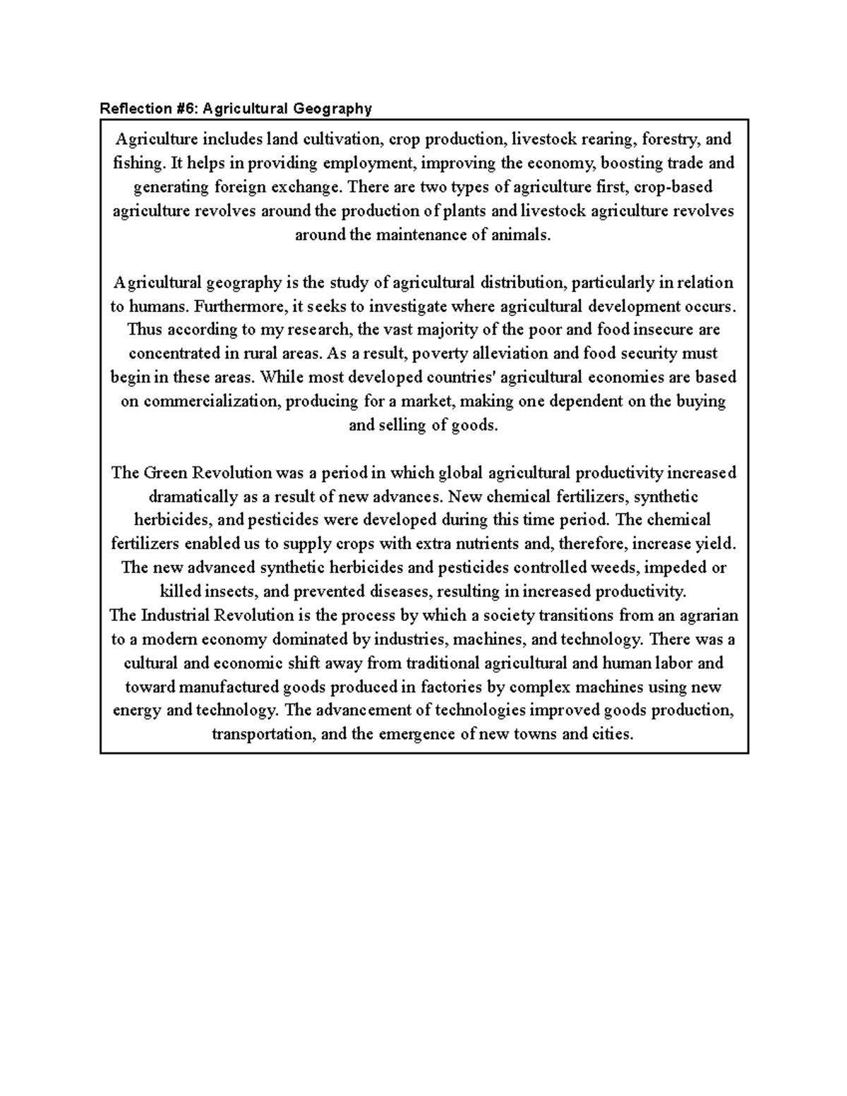 SSE Ref #6 - Agricultural geography: reflection - Reflection #6 ...