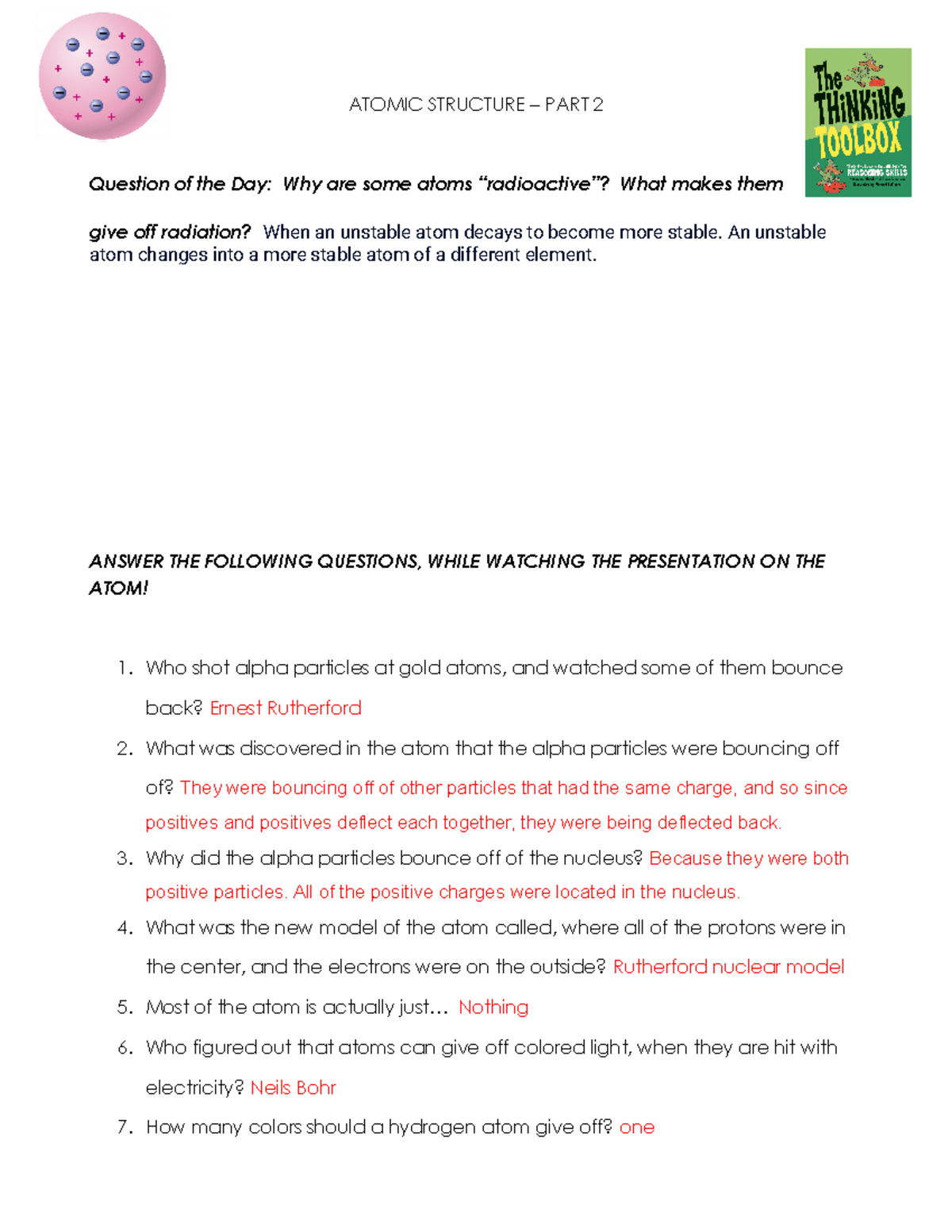 Copy of Atomic Structure Part 2 worksheet - ATOMIC STRUCTURE – PART 2 ...
