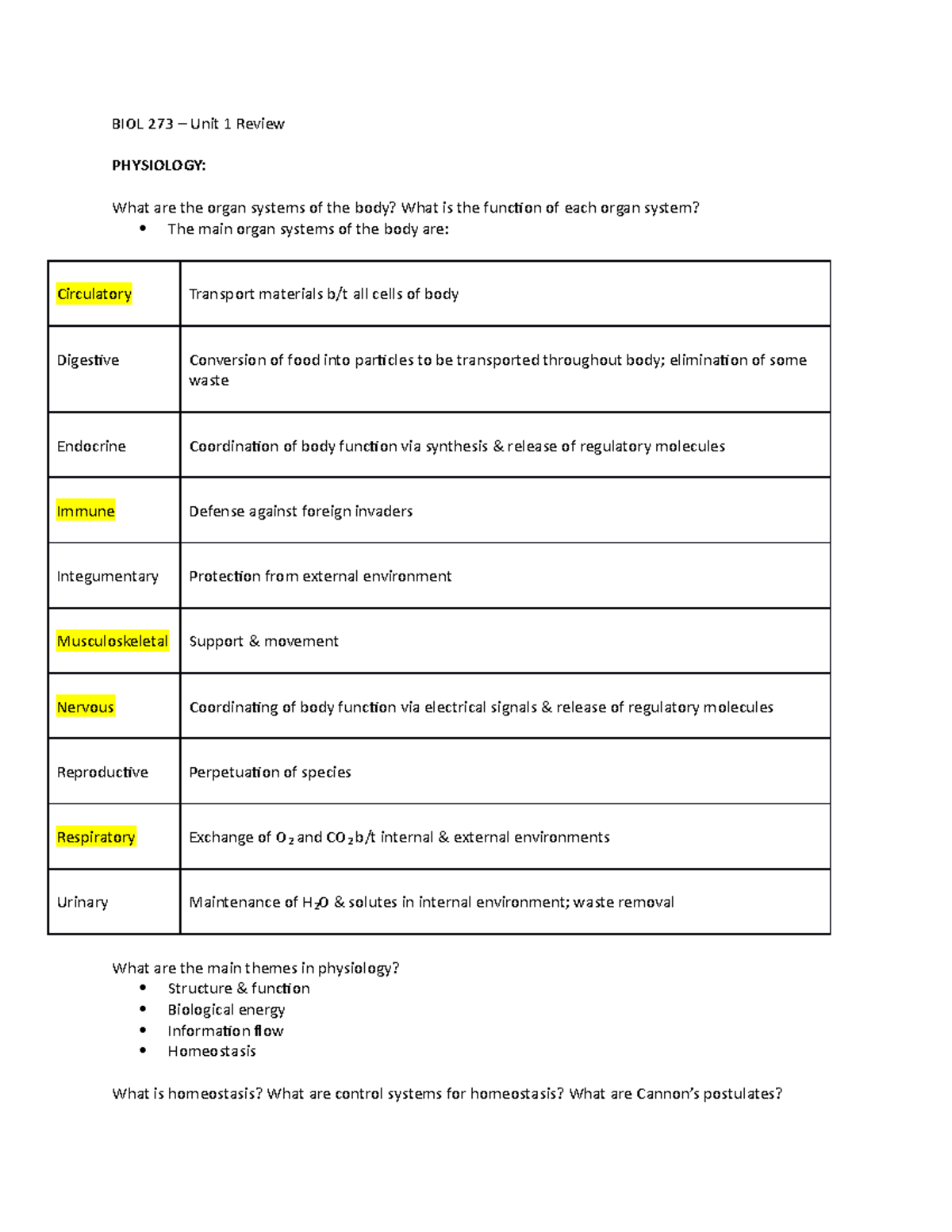 BIOL 273 - Unit 1 Review - BIOL 273 – Unit 1 Review PHYSIOLOGY: What ...