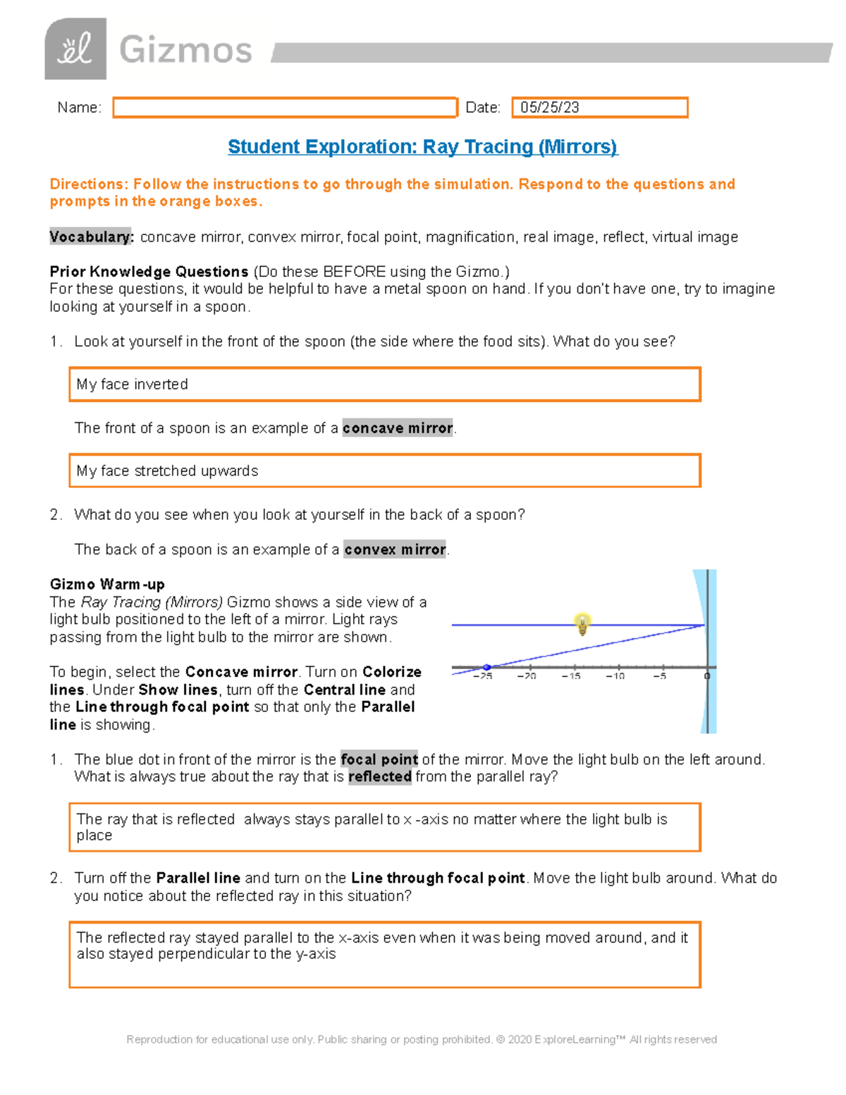 Copy of Ray Tracing Mirrors SE (Answers) - Name: Date: 05/25/ Student ...