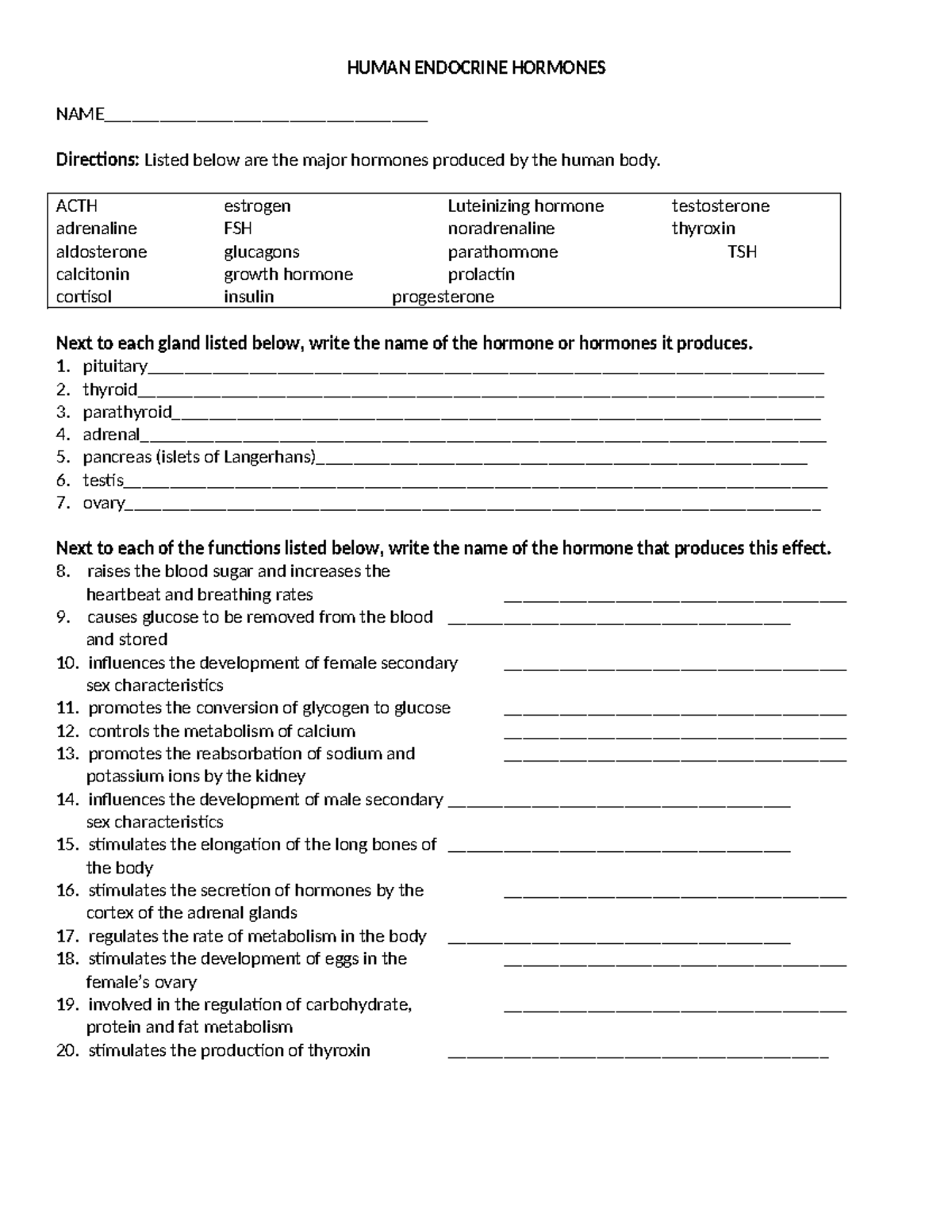 Human endocrine hormones worksheet - HUMAN ENDOCRINE HORMONES - Studocu