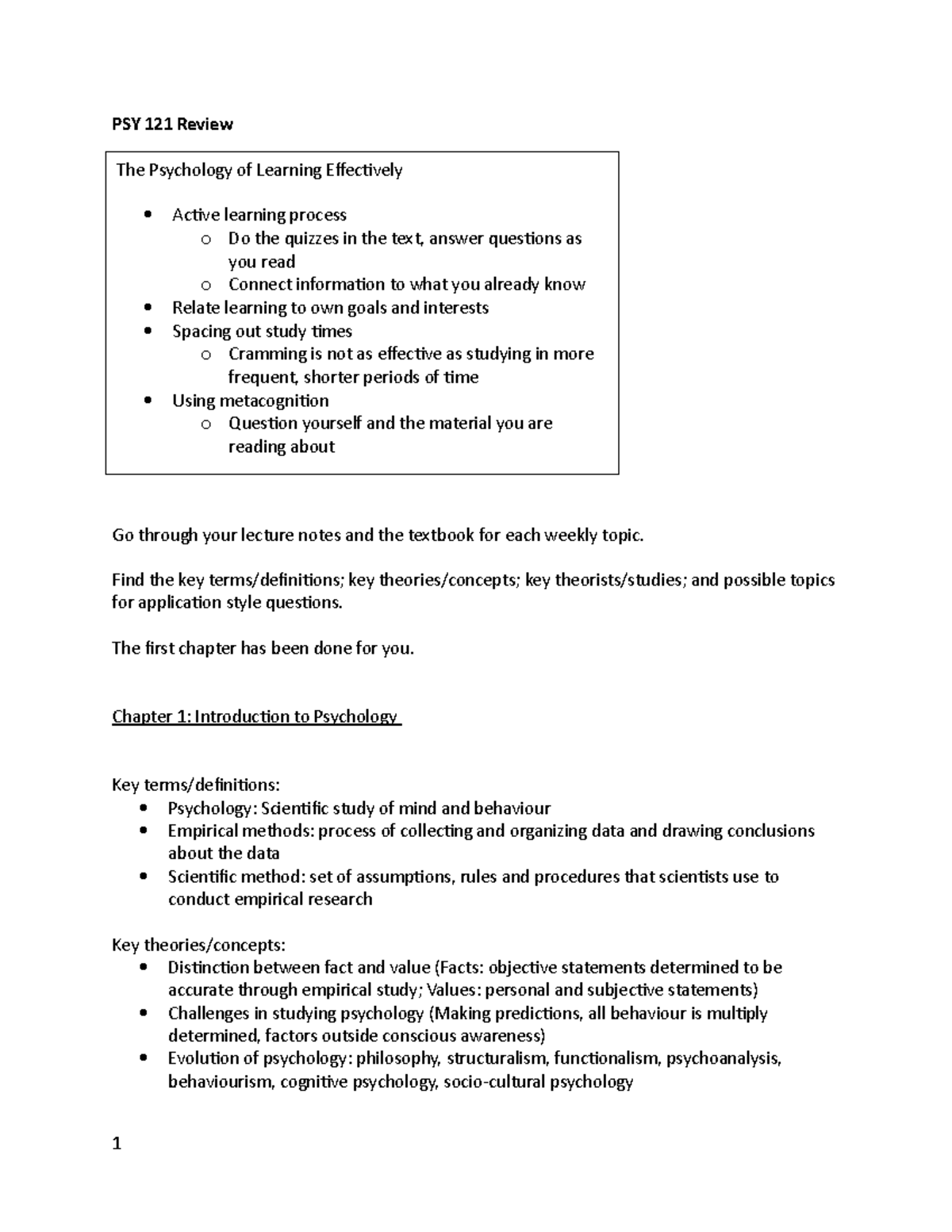PSY 121 Review notes - PSY 121 Review Go through your lecture notes and ...