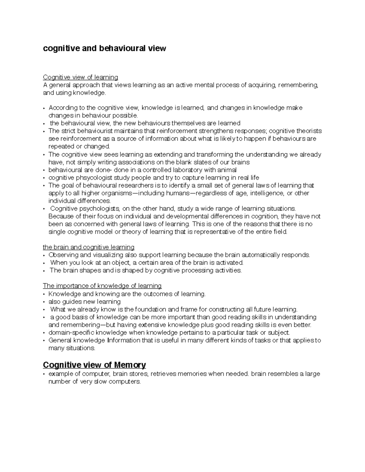 Ch 7 - notes from reading - cognitive and behavioural view Cognitive ...