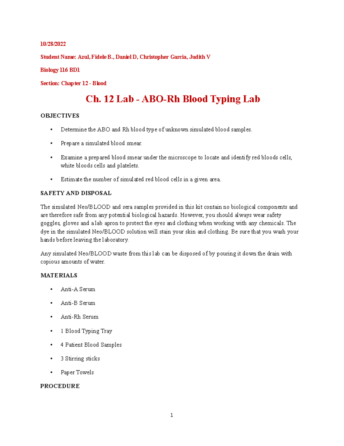 ABO Lab - bioliogy - 10/28/ Student Name: Azul, Fidele B., Daniel D ...
