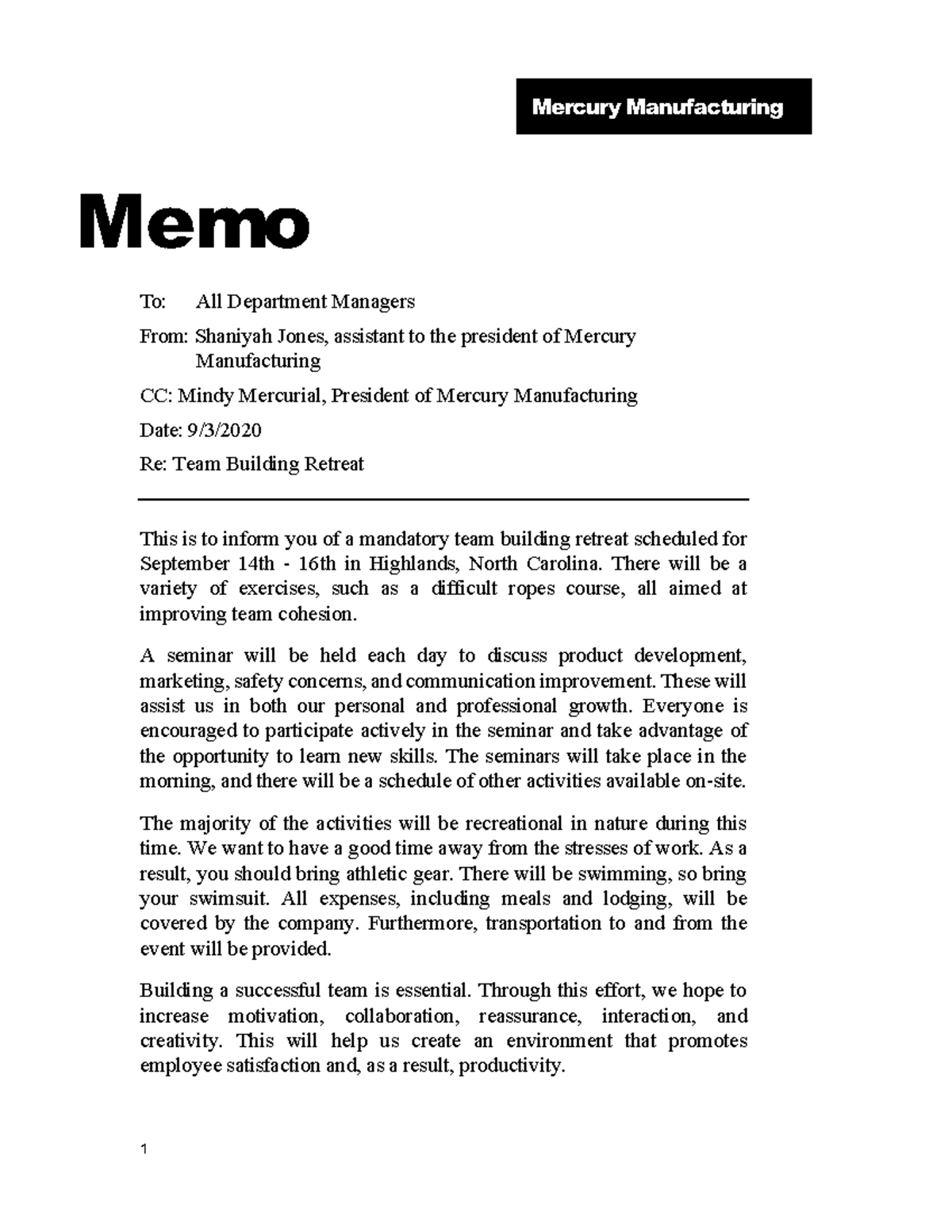 Memo 2 Assignment - practice for exams - 1 Mercury Manufacturing Memo ...