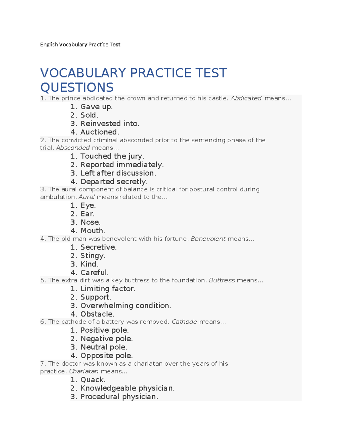 English Vocabulary Pratice Test 2 - English Vocabulary Practice Test ...