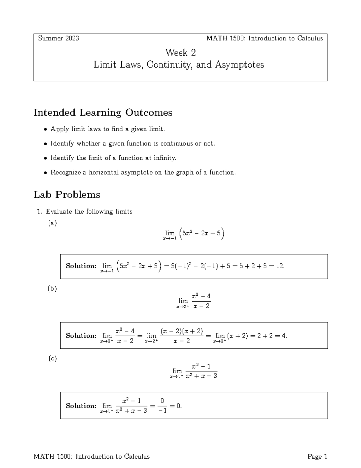Worksheet 2 solution - Limits practice - Summer 2023 MATH 1500 ...