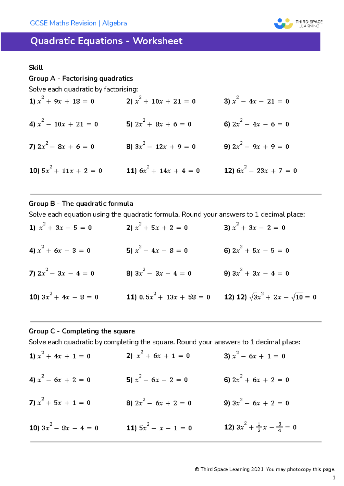 Third Space Learning Quadratic Equations GCSE Worksheet - Quadratic ...