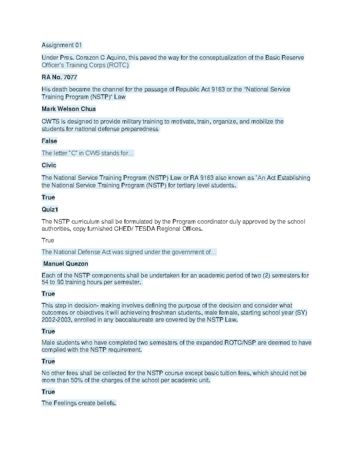 Pdfcoffee - NSTP 101 - Assignment 01 Under Pres. Corazon C Aquino, this paved the way for the ...