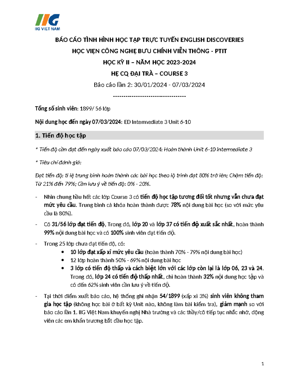 PTIT 23-24 HK2 C3 BCL2 Tinh hinh HT - BÁO CÁO TÌNH HÌNH HỌC TẬP TRỰC TUYẾN ENGLISH DISCOVERIES ...
