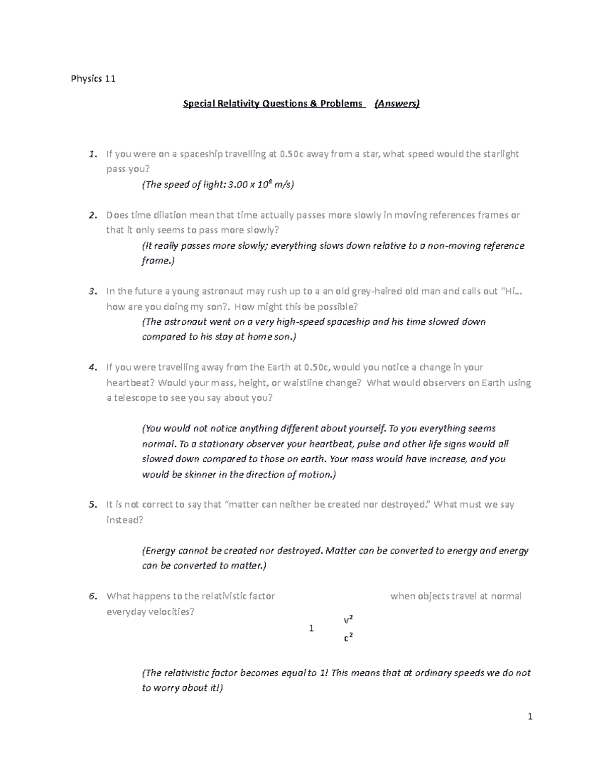 Relativity worksheet - 08 - answers - Physics 11 Special Relativity ...