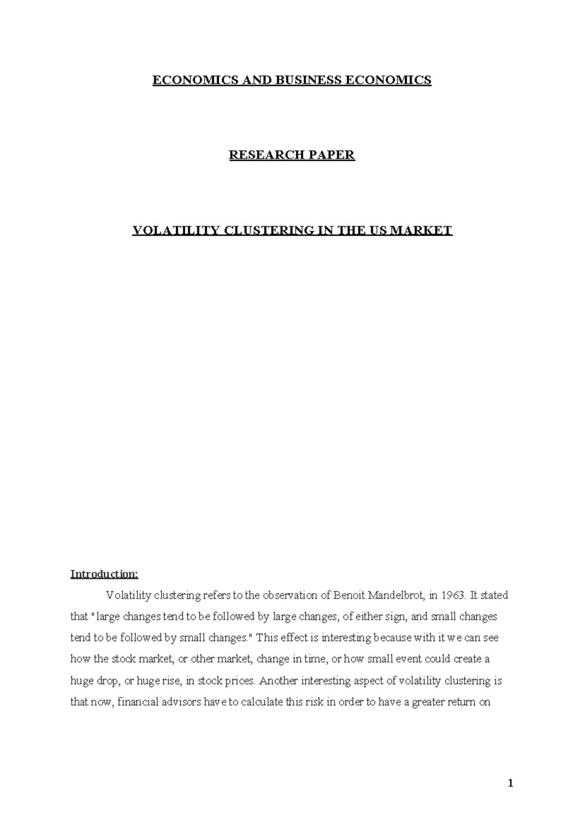 Research paper group assignment 1 - ECONOMICS AND BUSINESS ECONOMICS ...