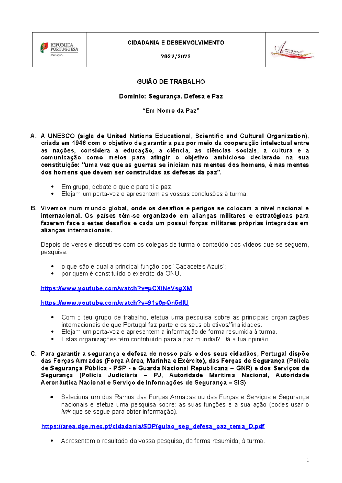 Guiao DE Trabalho Sobre Seguranca Defesa E PAZ - CIDADANIA E ...