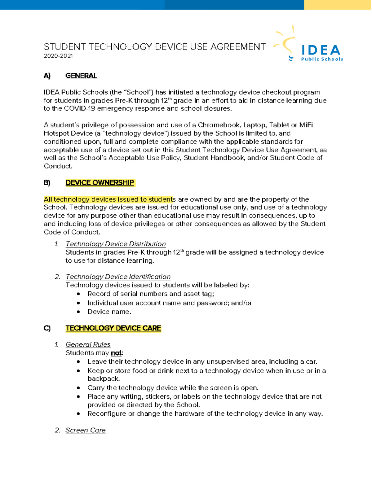 Student Technology Use Agreement English - 2020- A) GENERAL IDEA Public Schools (the “School ...