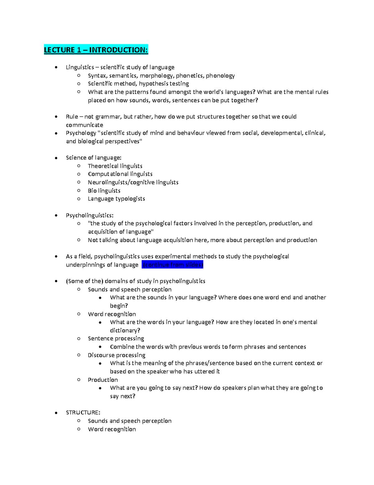 Lecture 1-5 – Notes - LECTURE 1 – INTRODUCTION: Linguistics ...