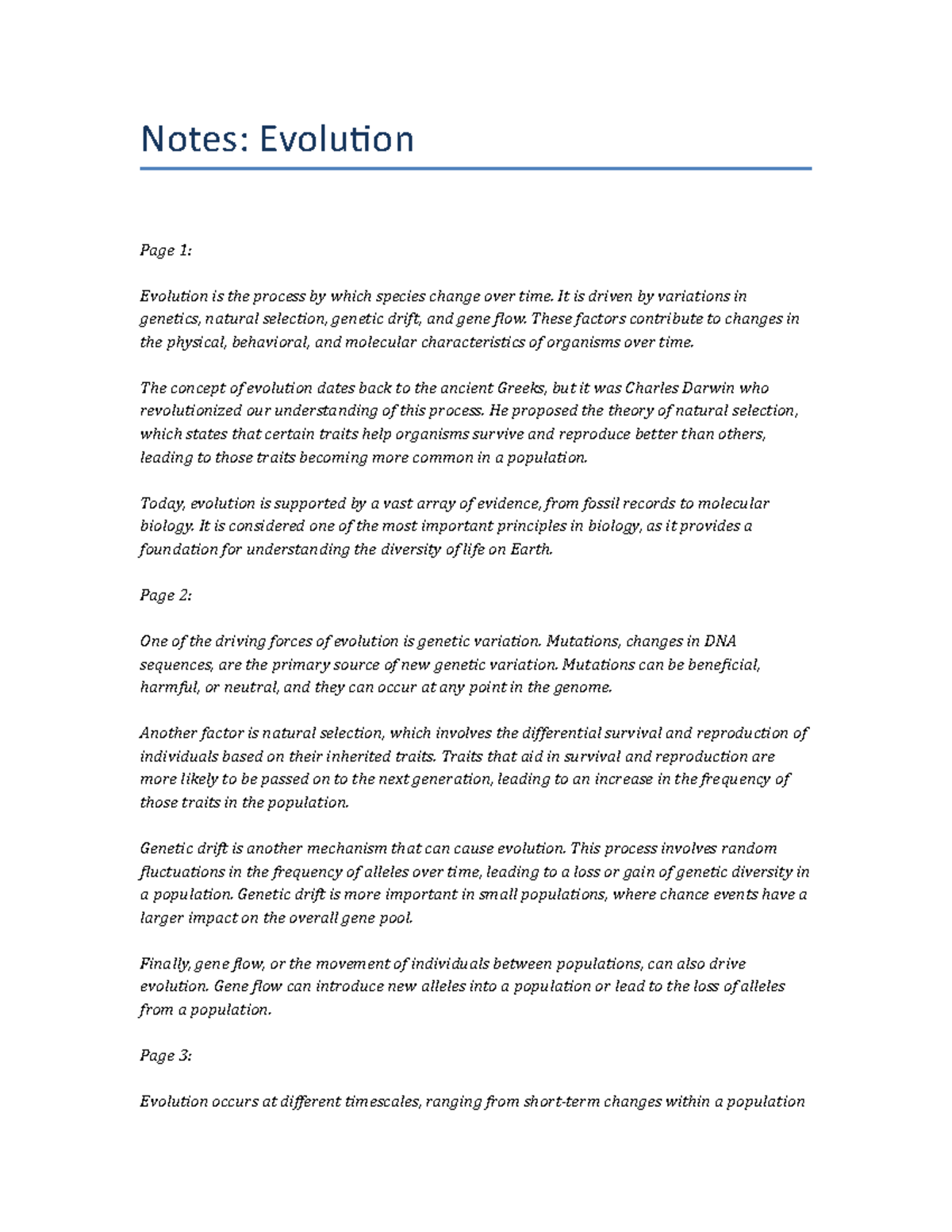 Evolution Lecture Notes - Notes: Evolution Page 1: Evolution is the ...