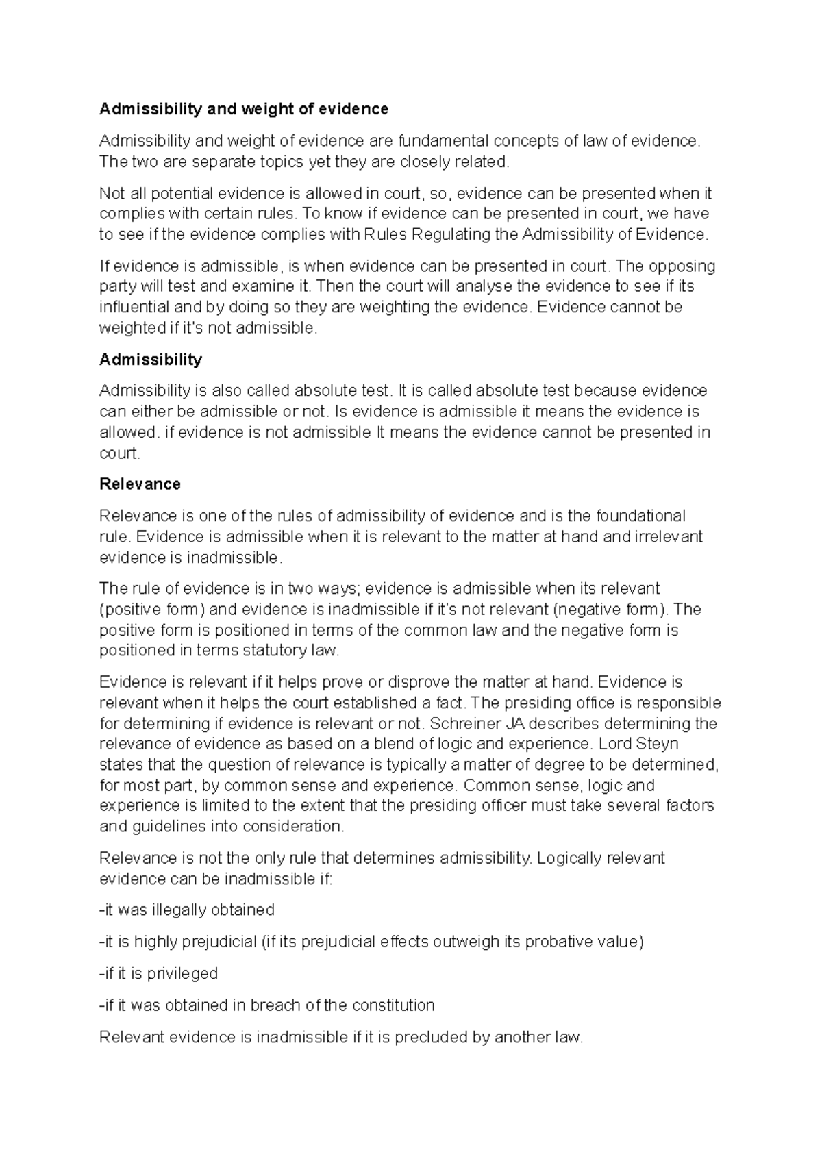 Admissibility and weight of evidence - Admissibility and weight of ...