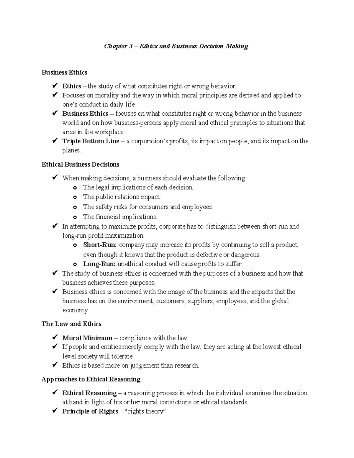 Notes - Ethics and Business Decision Making - Chapter 3 – Ethics and ...