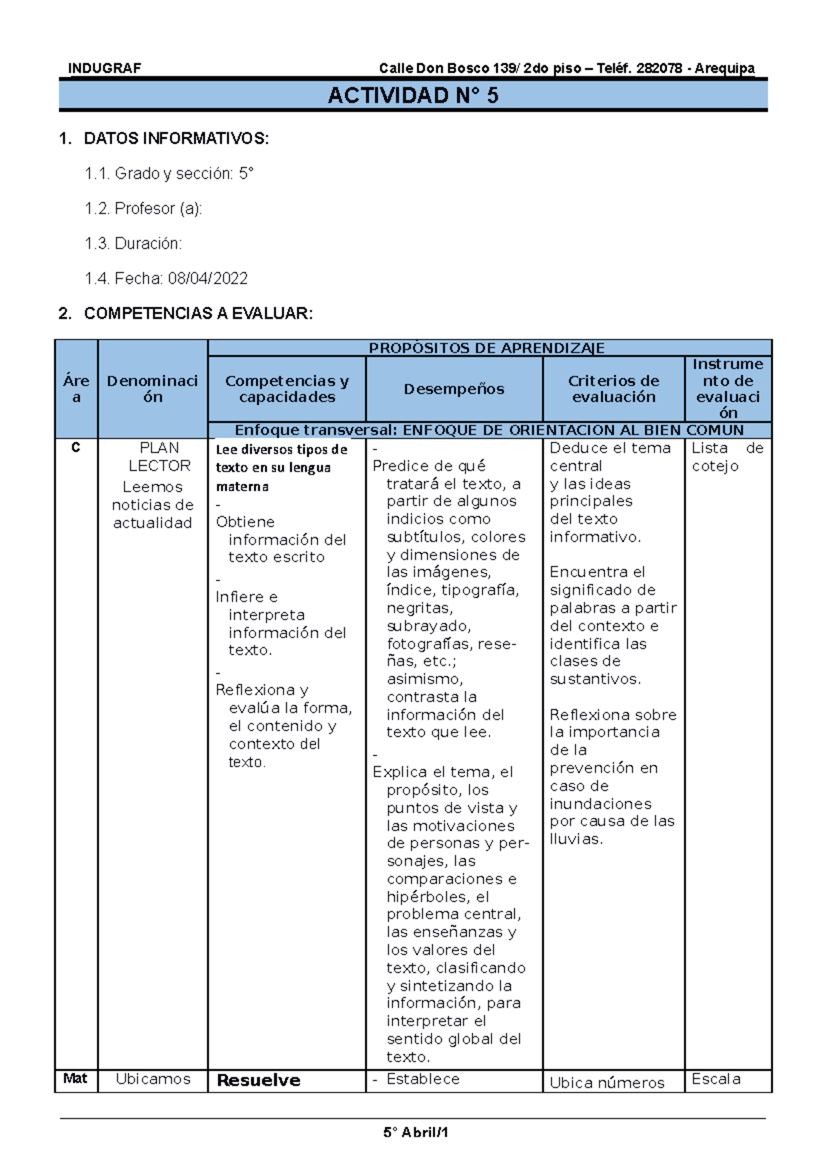 5° Grado - Actividad Leemos noticias - ACTIVIDAD N° 5 1. DATOS INFORMATIVOS: 1. Grado y sección ...
