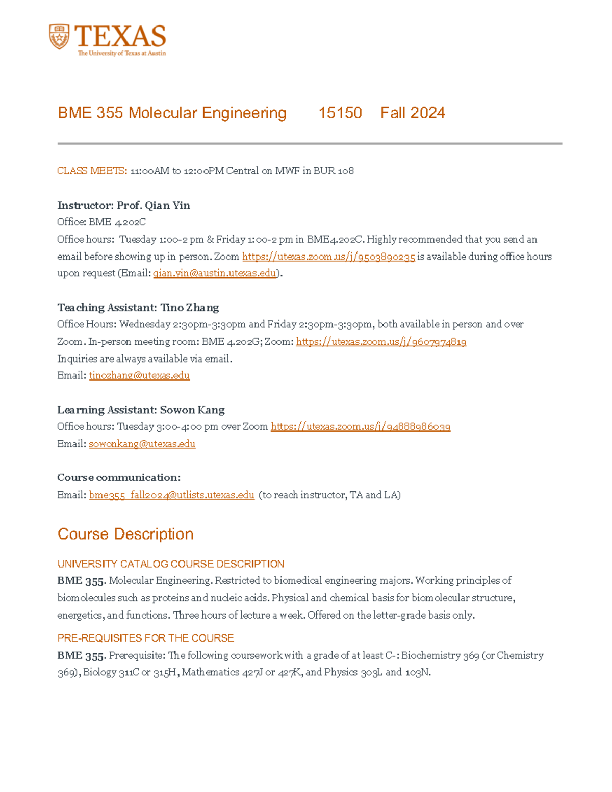 BME355- Course Work - BME 355 Molecular Engineering 15150 Fall 2024 CLASS MEETS: 11:00AM to 12 ...