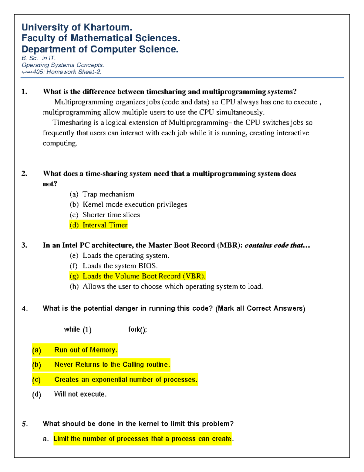 Assignment 2 Problem Sheet University Of Khartoum Faculty Of Mathematical Sciences