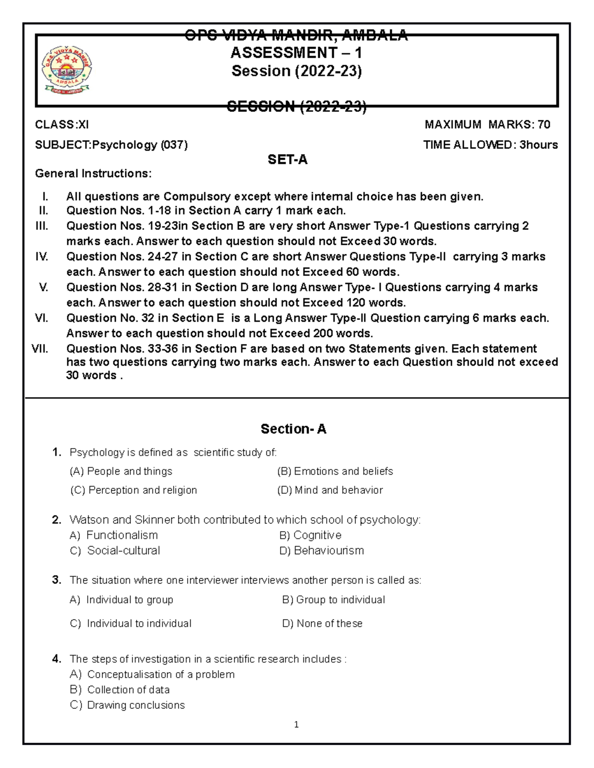 OPS Question Paper Format Paper 1 -11th class-3 - CLASS:XI MAXIMUM ...