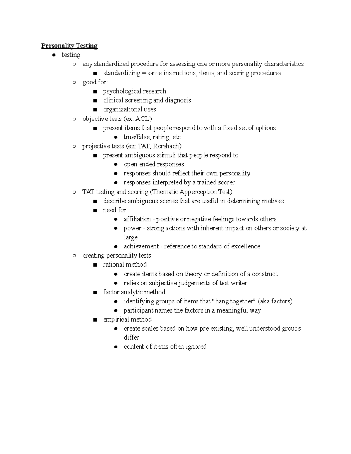 Psych 353 - SEP 9TH - notes - Personality Testing testing any ...