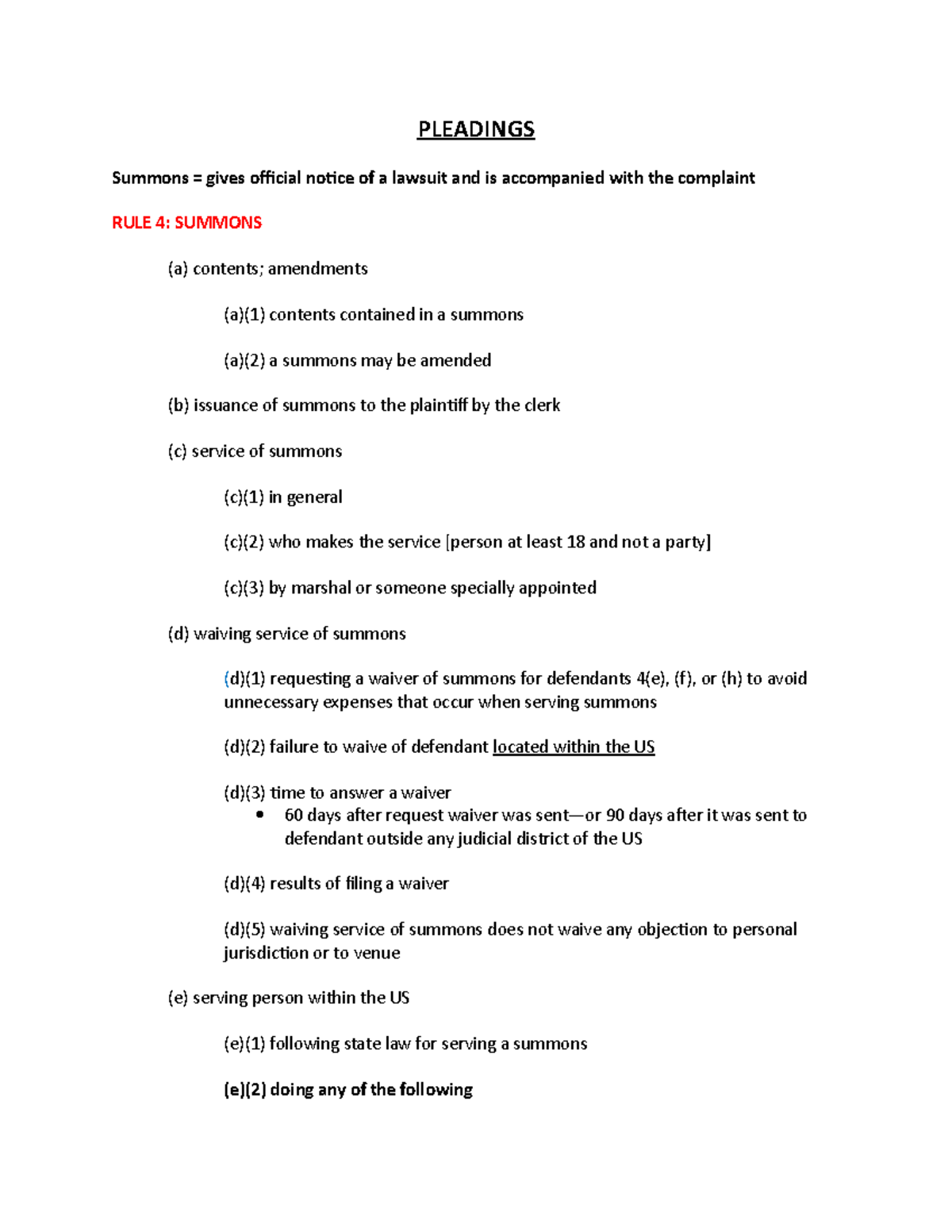 Civ Pro Detailed Rules - PLEADINGS Summons = gives official notice of a ...