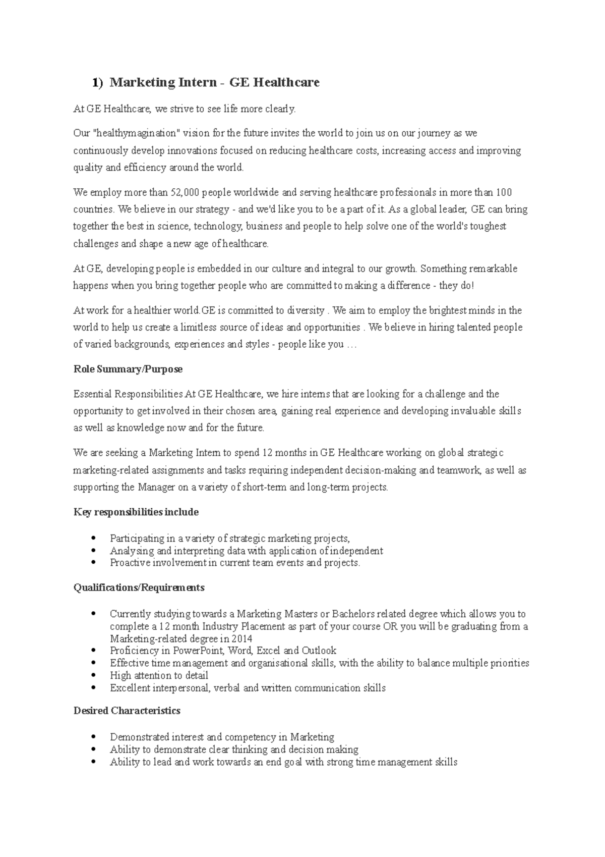 Week 3 Tutorial - 6 job descriptions - 1) Marketing Intern - GE ...