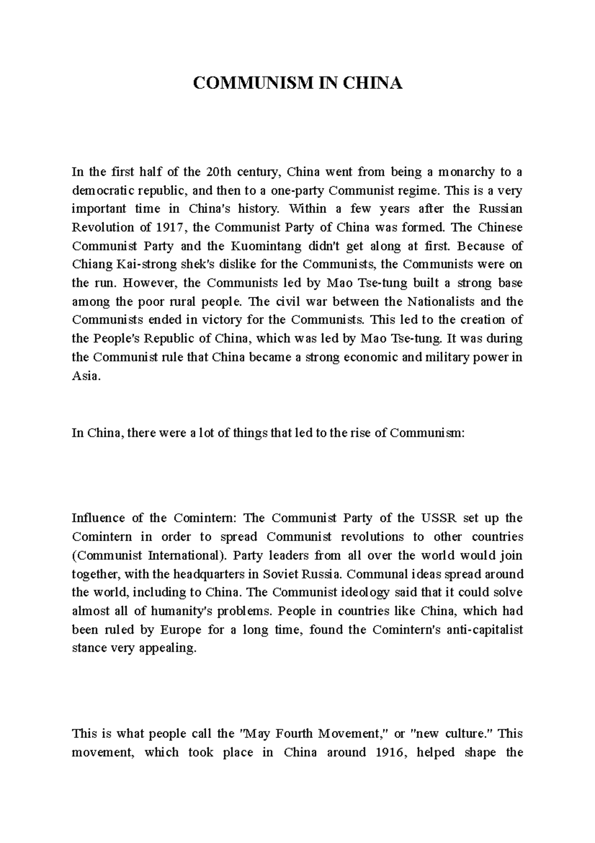 Communism IN China - Lecture notes 4 - COMMUNISM IN CHINA In the first ...