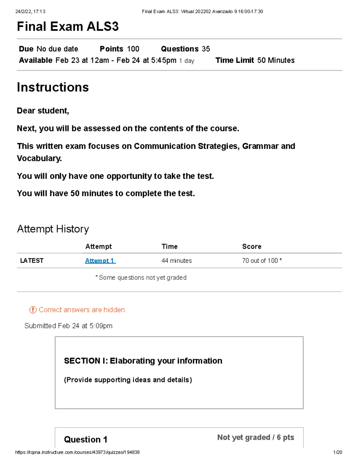 Final Exam ALS3 Virtual 202202 Avanzado 9 16 00 17 30 - * Some ...