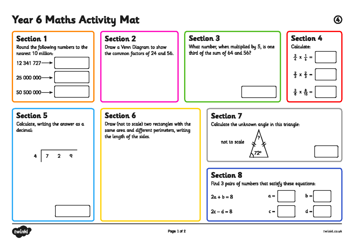 Y6 Maths Mat 4 Medium Ability - Year 6 Maths Activity Mat 4 Section 1 ...