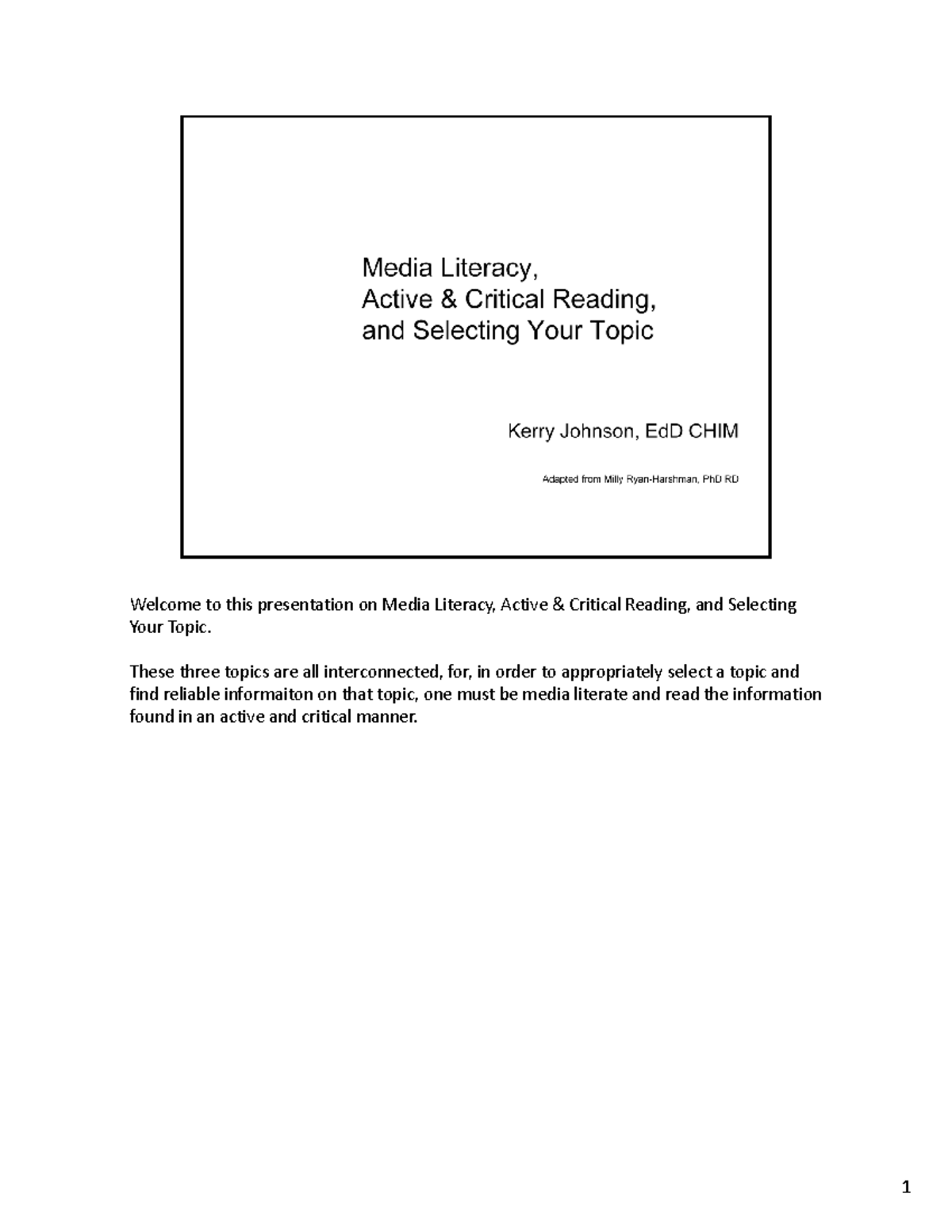 Media Literacy, Reading, & Topic Selection - Welcome to this ...