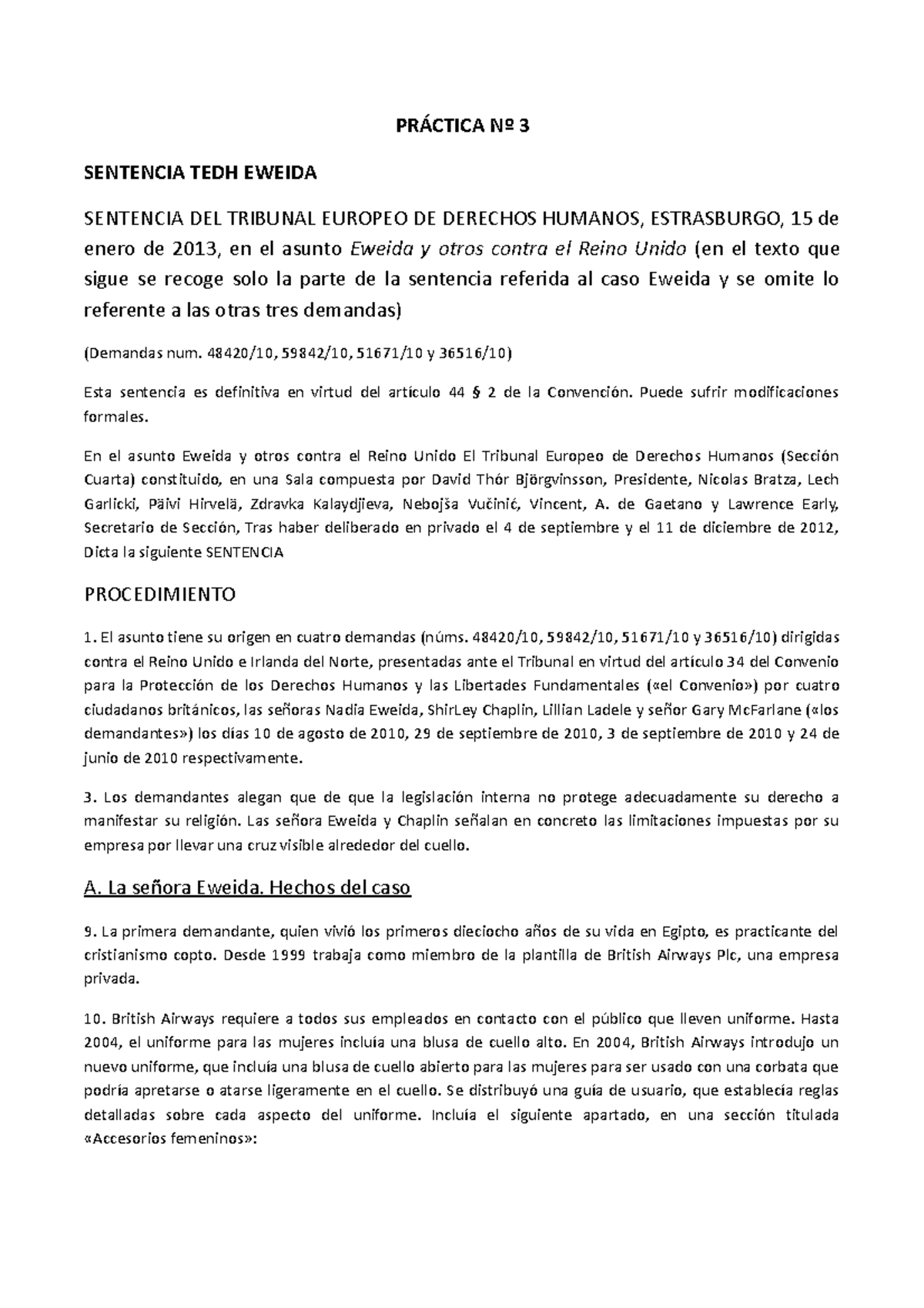 PRÁ Ctica 3 Sentencia TEDH Eweida - PRÁCTICA Nº 3 SENTENCIA TEDH EWEIDA SENTENCIA DEL TRIBUNAL ...