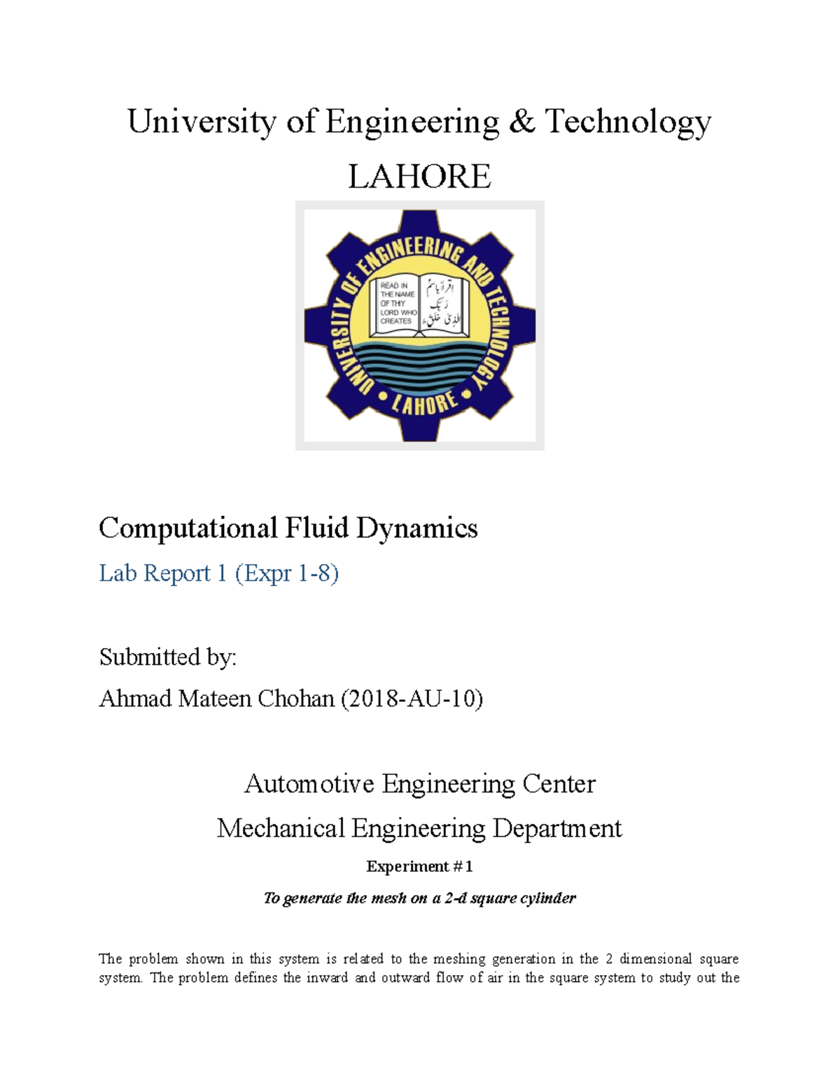 Lab report 1 - To get practical knowledge about the computational fluid ...