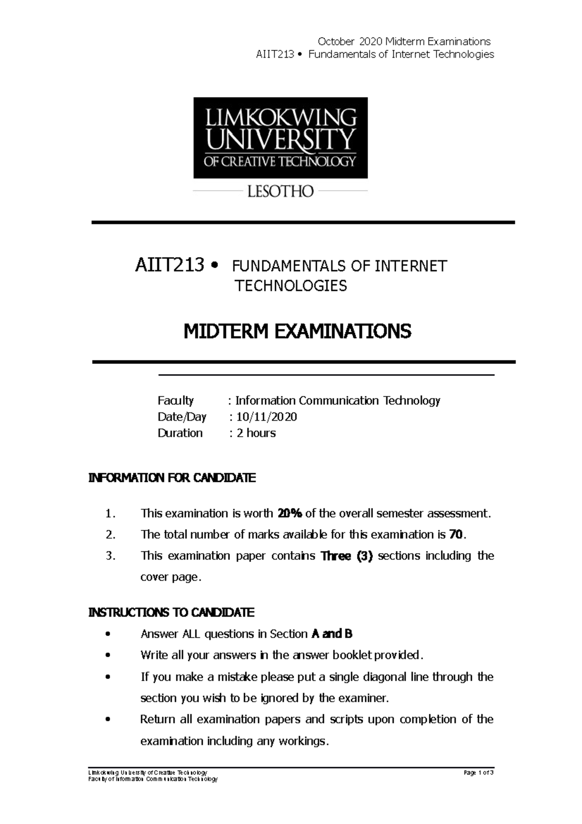 Fundamentals of internet technology - Midterm Exam - October 2020 ...