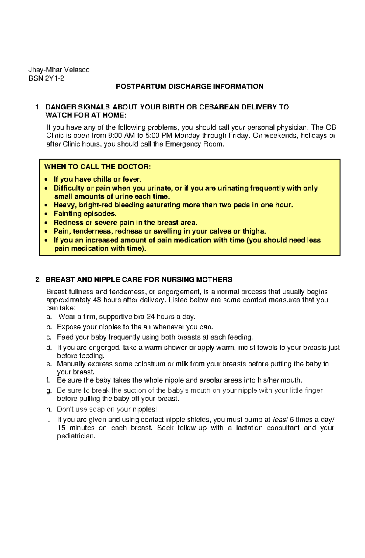 DISCHARGE INFORMATION AND INSTRUCTIONS FOR MOTHERS AFTER DELIVERING A ...