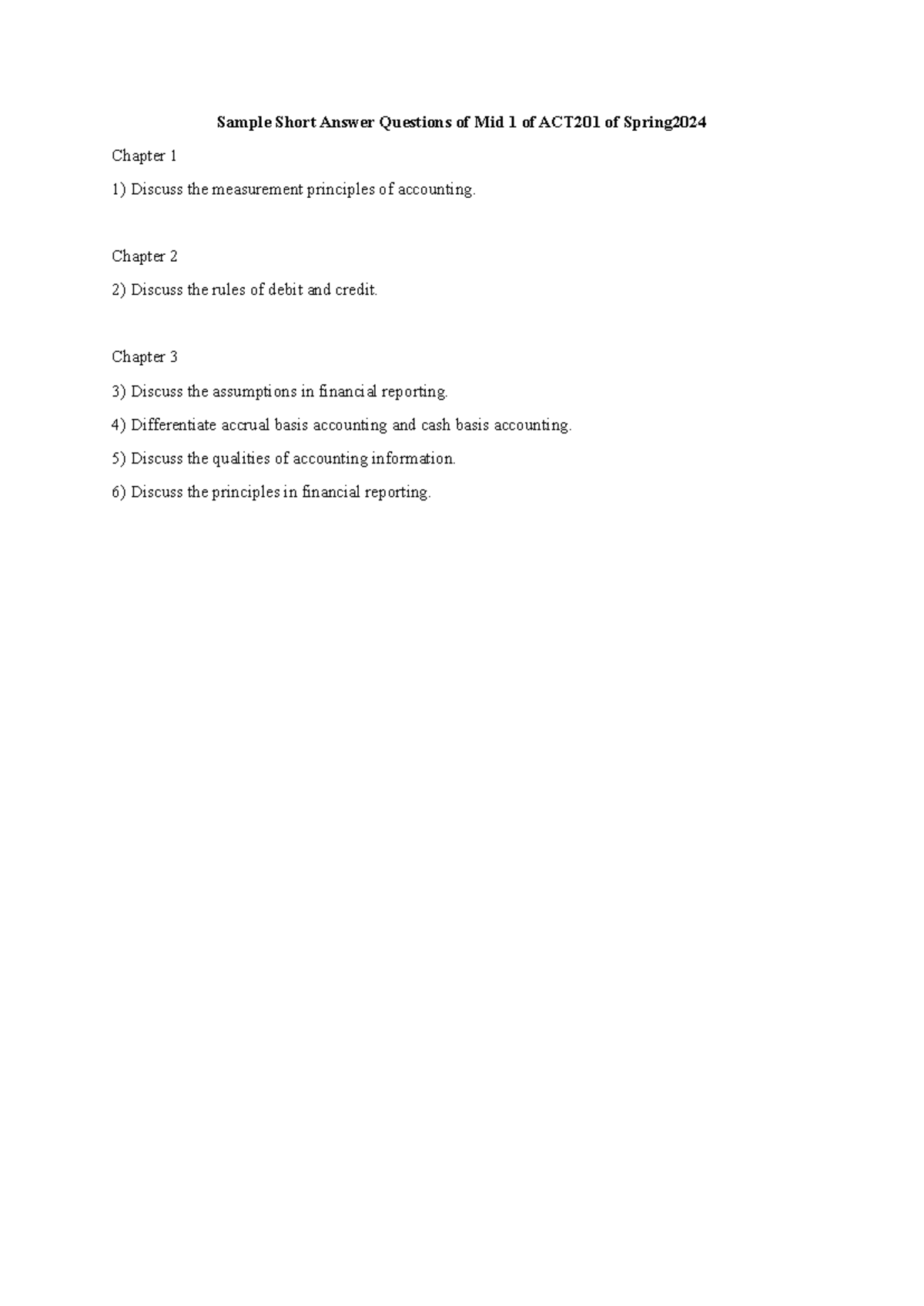 Sample Short Answer Questions of Mid 1 of ACT201 of Spring 2024 ...