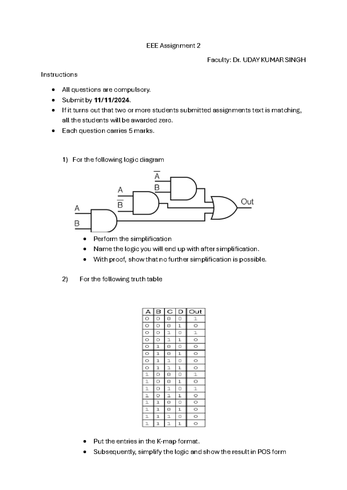 EEE Assignment 2 - UDAY KUMAR SINGH Instructions All questions are compulsory. Submit by 11/ 11 ...