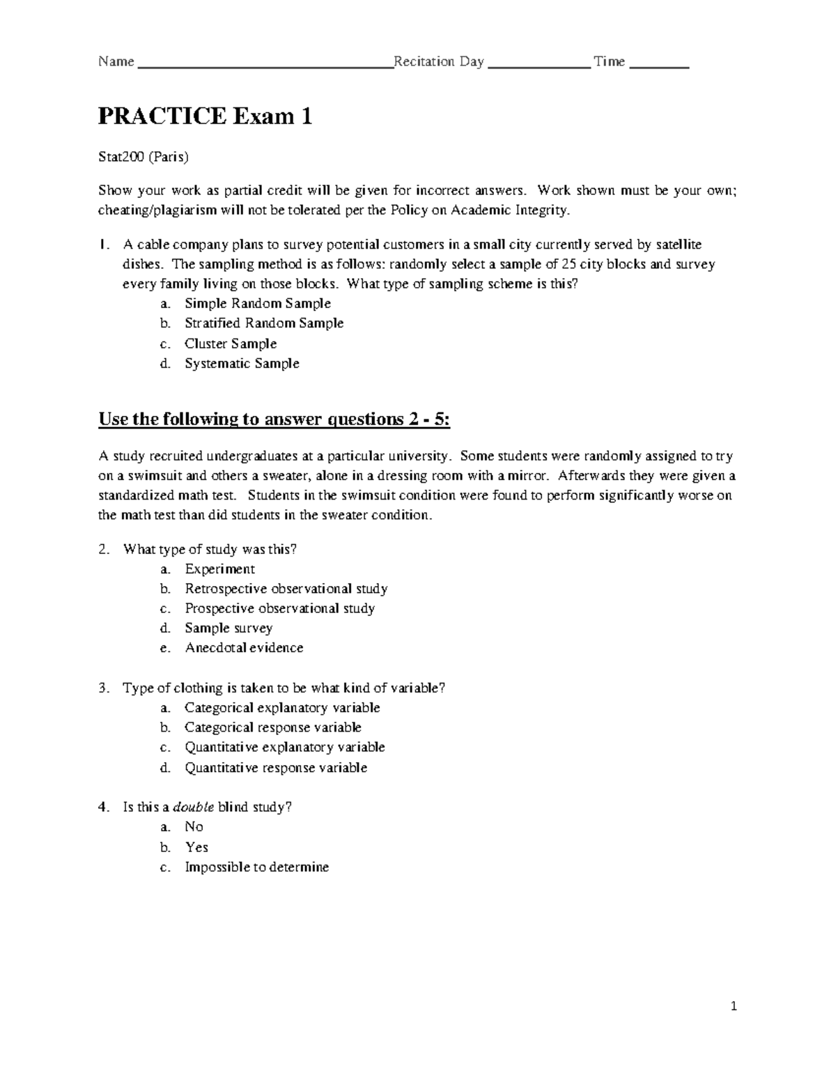 Practice Exam 1 - Professor Dr. Paris. Review unit 1. - PRACTICE Exam 1 ...