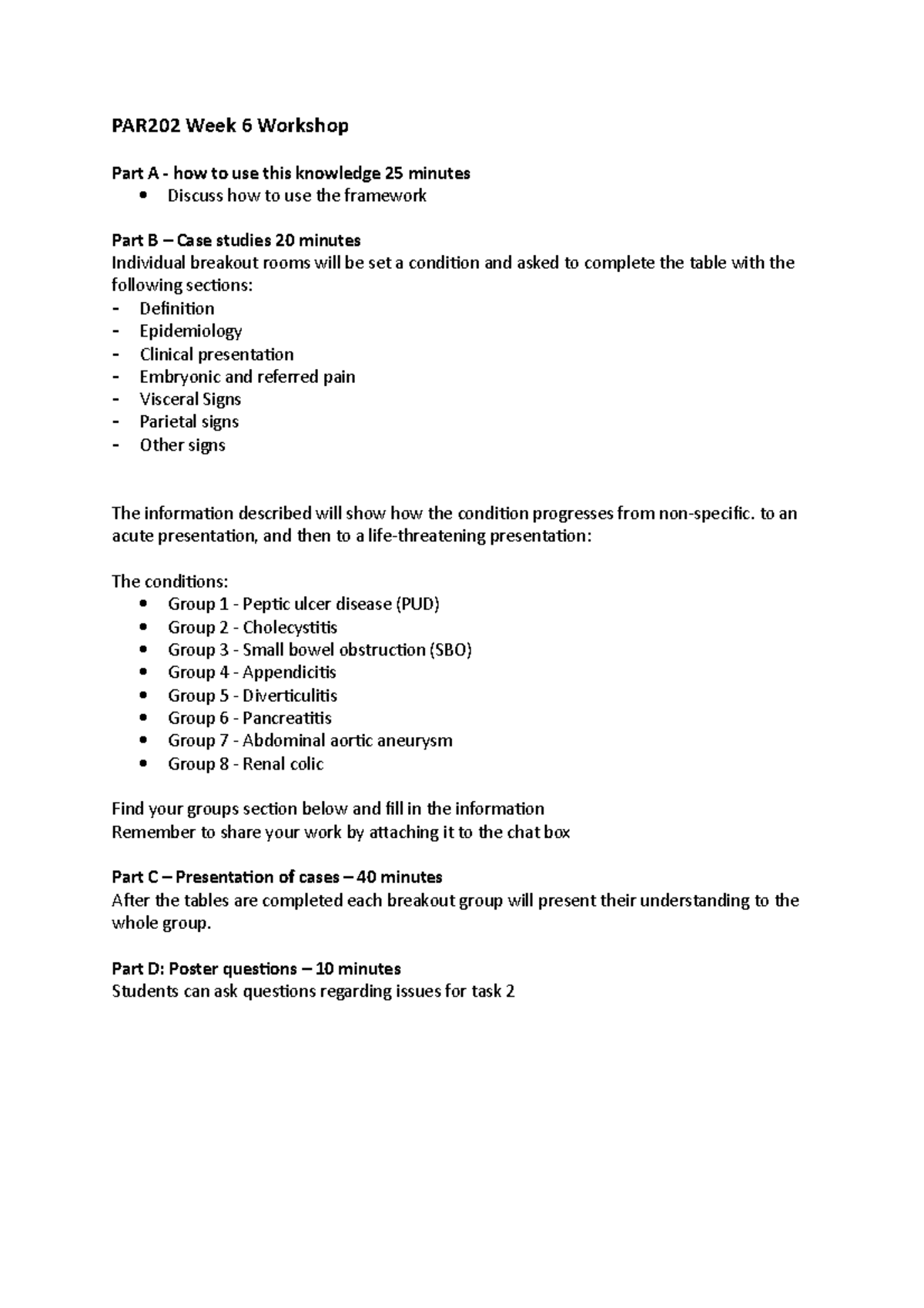 PAR202 Week 6 Workshop - Course Coordinator: Nigel Barr - PAR202 Week 6 ...