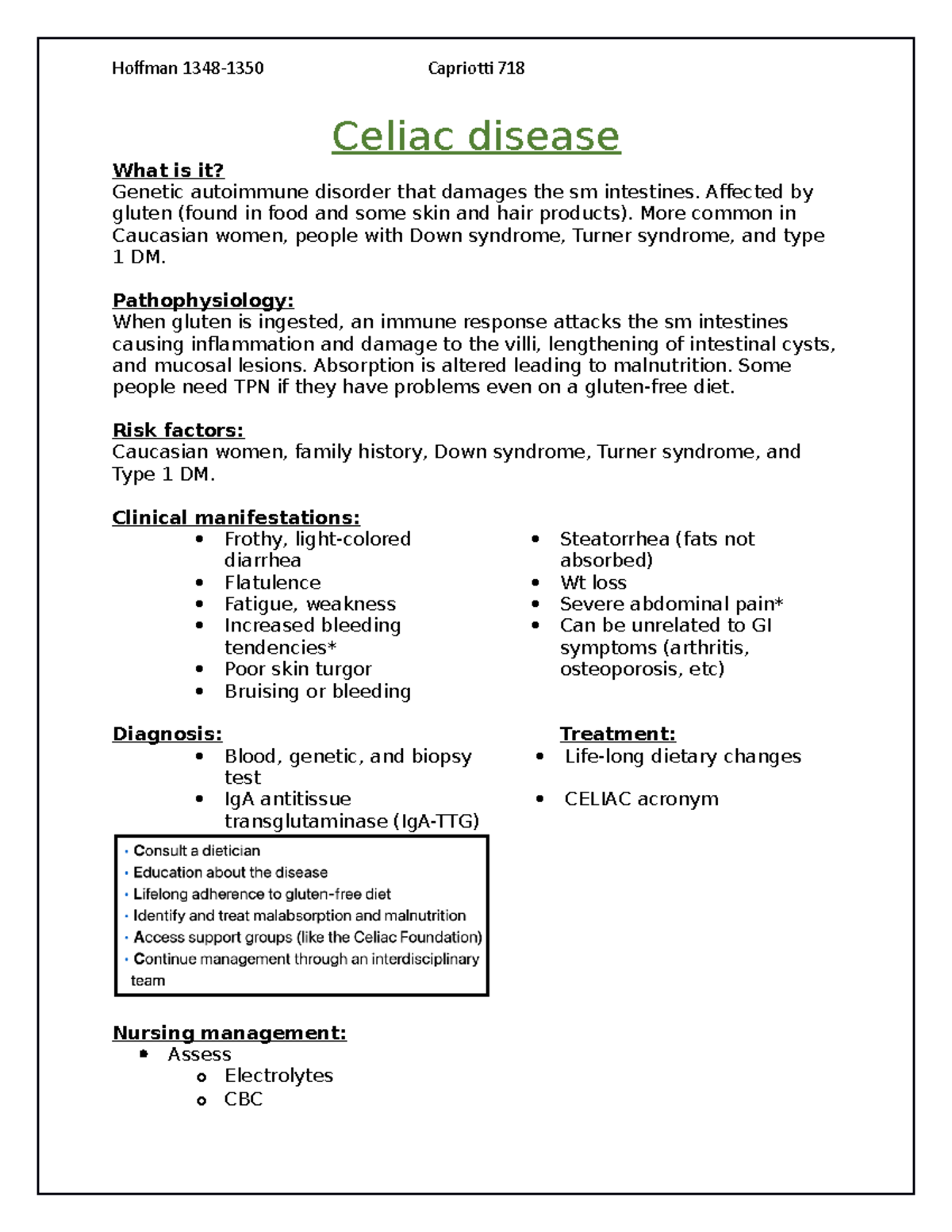 Celiac disease - patho sheet - NUR 235 - Midlands Tech - Studocu