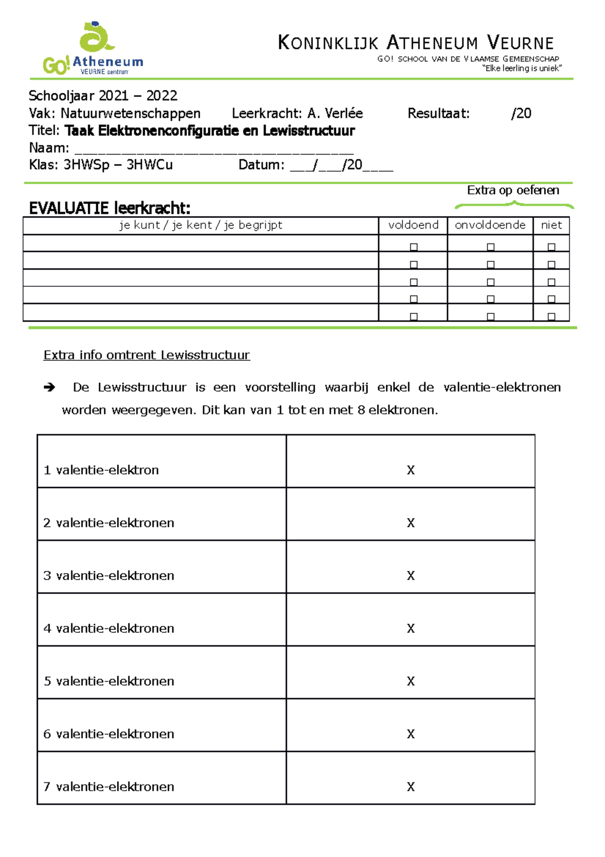 Taak Elektronenconfiguratie Lewisstructuur NW 3ASO - KONINKLIJK ...