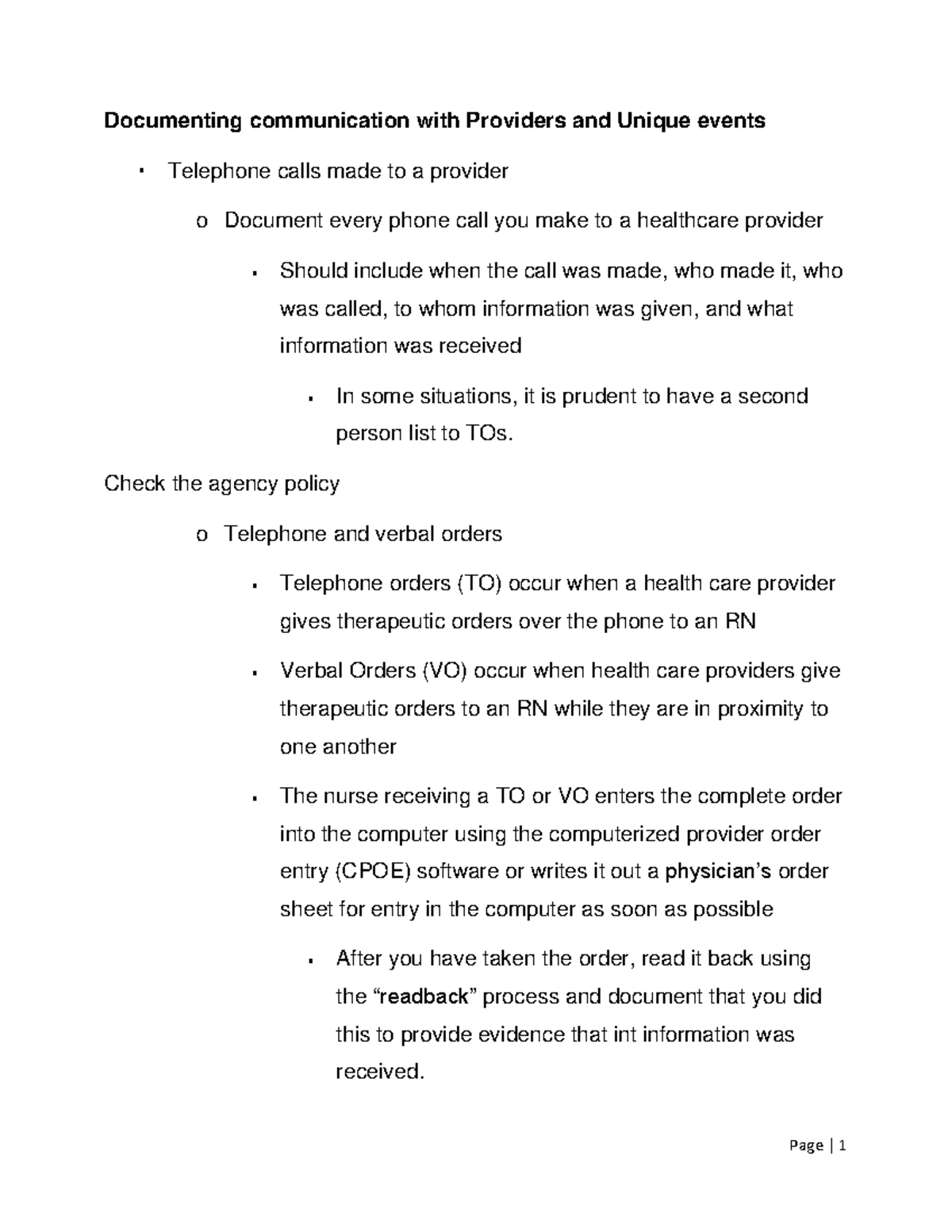 Documenting communication with Providers and Unique events - Check the ...