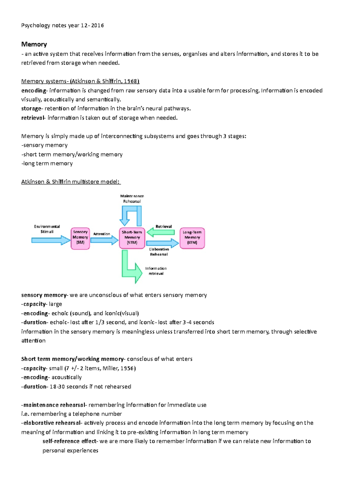 Psychology notes year 12 - Memory systems- (Atkinson & Shiffrin, 1968 ...