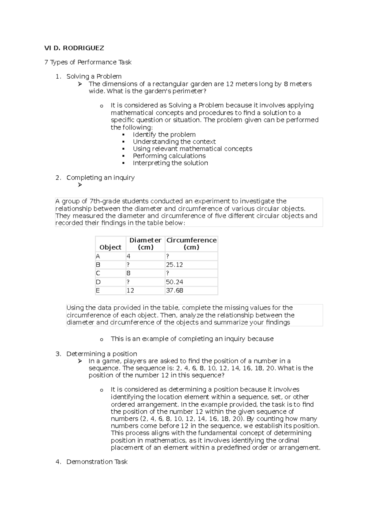 Vi - N/A - VI D. RODRIGUEZ 7 Types of Performance Task 1. Solving a ...