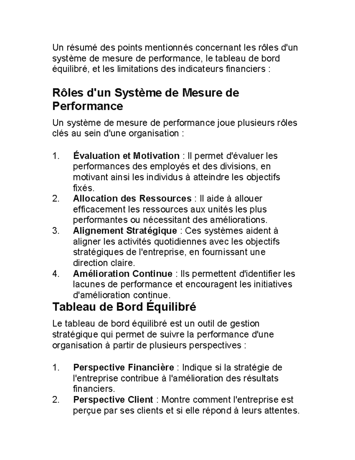 Mesures de performance CTB-1001 - Un résumé des points mentionnés concernant les rôles d'un ...