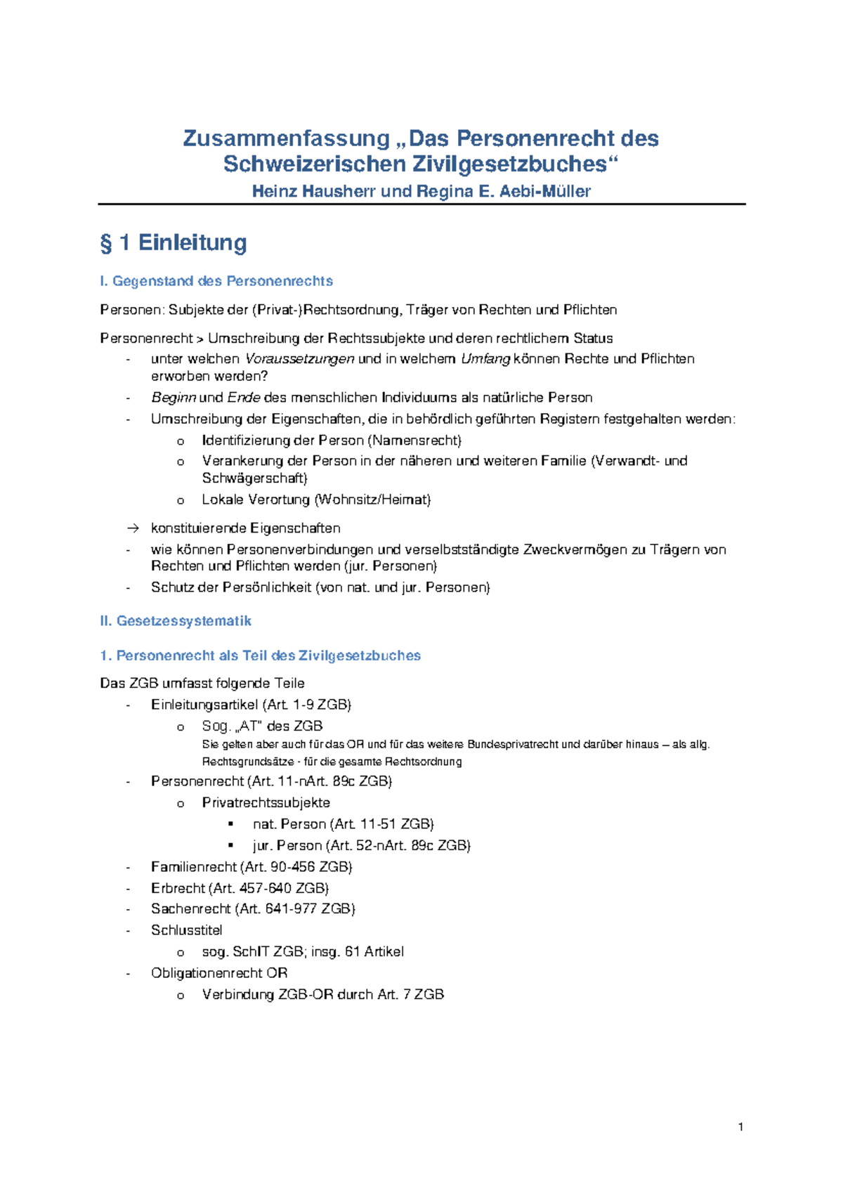 ZF Personenrecht - Zusammenfassung „Das Personenrecht des ...