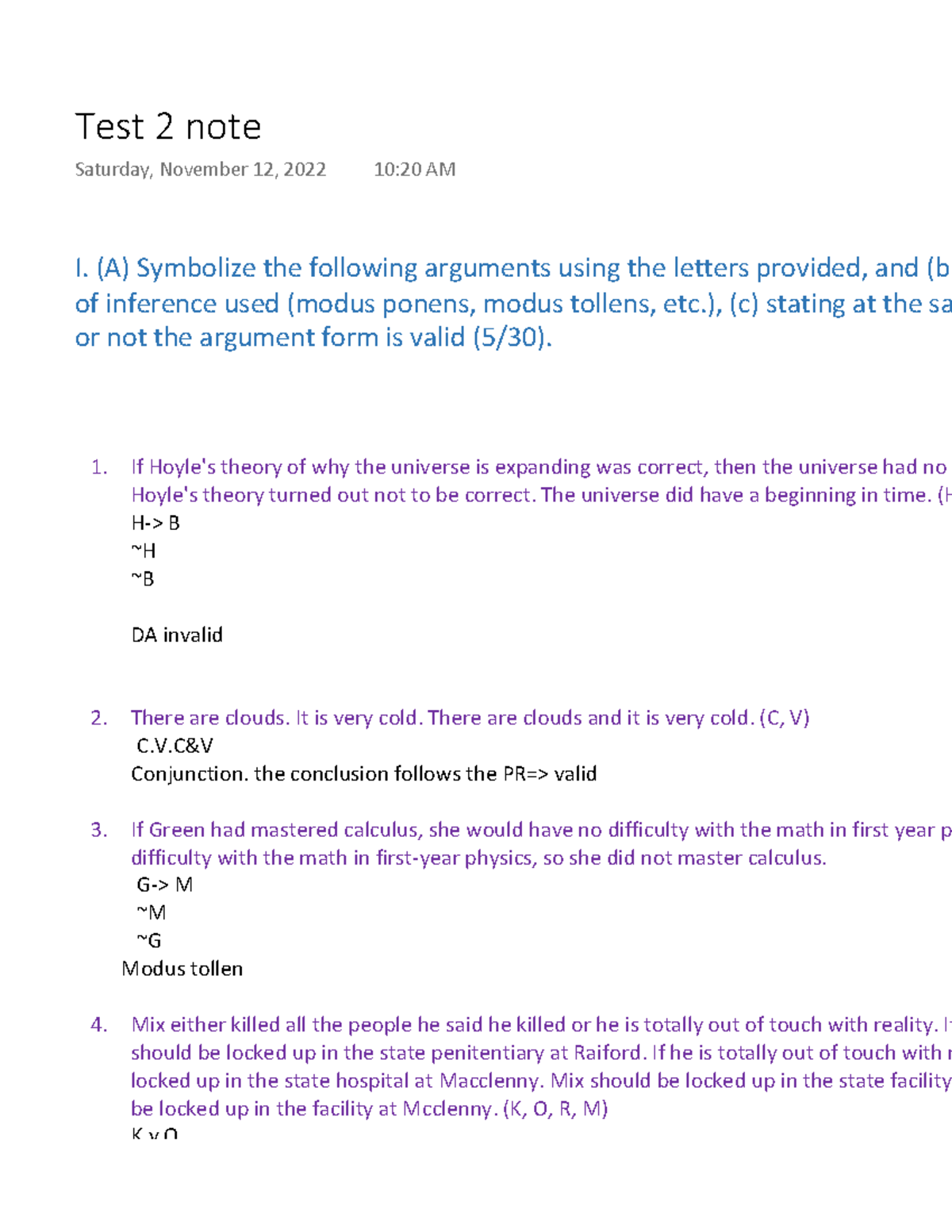 Test 2 note - phi 1101 - I. (A) Symbolize the following arguments using ...