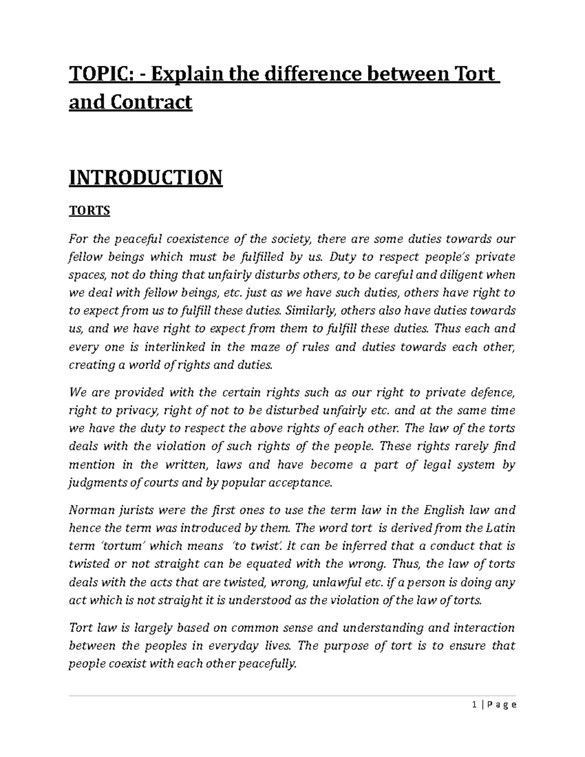 History - this assignment discuss about the difference between torts ...